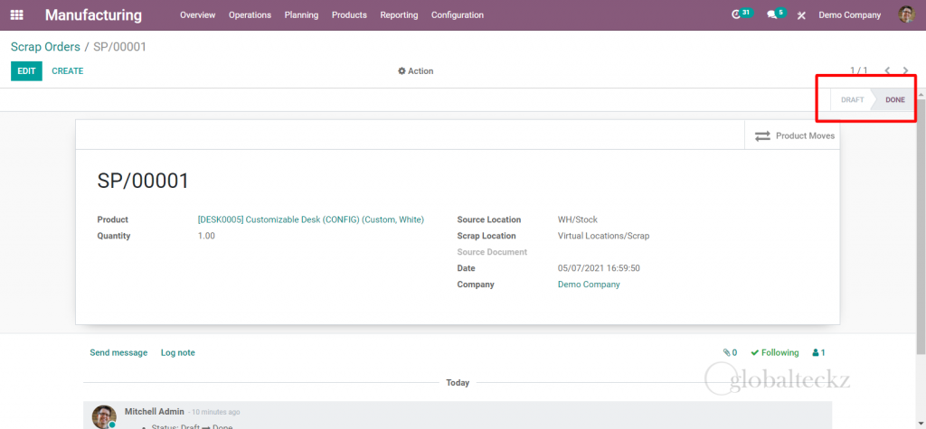 Manage Scrap Orders in Odoo ERP - Globalteckz